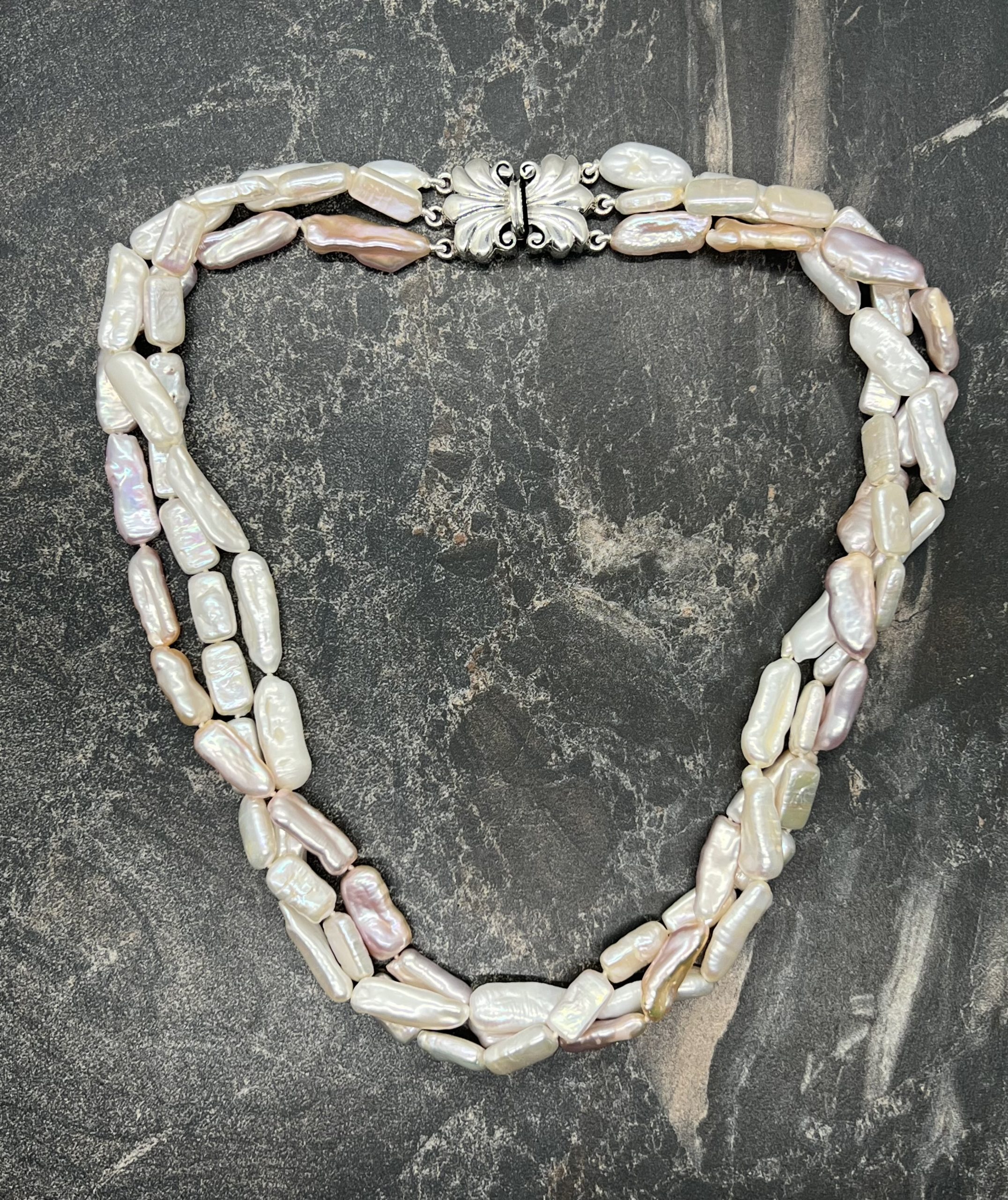 19.5 inch Triple Strand White/Pink Rectangle and Stick Pearl Torsade ...